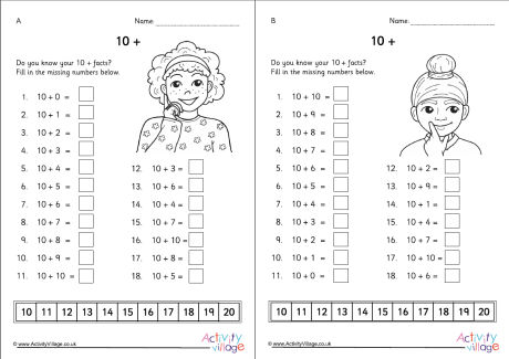10 Plus Facts Worksheets | Activity Village