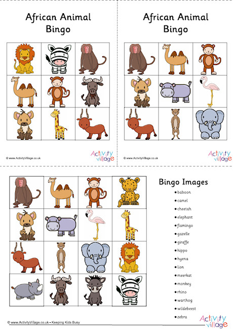 African Animal Bingo Cards | Activity Village