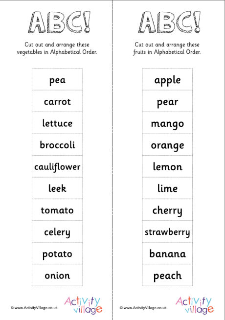 Alphabetical Order -10 Food Words | Activity Village