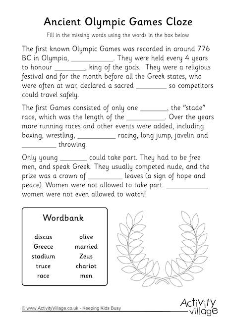 Ancient Olympics Cloze Worksheet | Activity Village