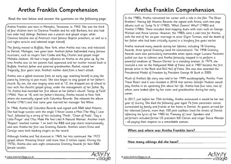 Aretha Franklin Comprehension | Activity Village