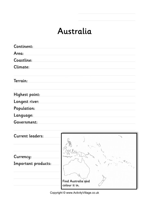 Australia Fact Worksheet | Activity Village