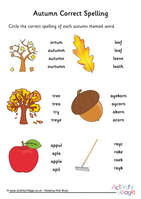 Autumn Spelling Worksheets | Activity Village