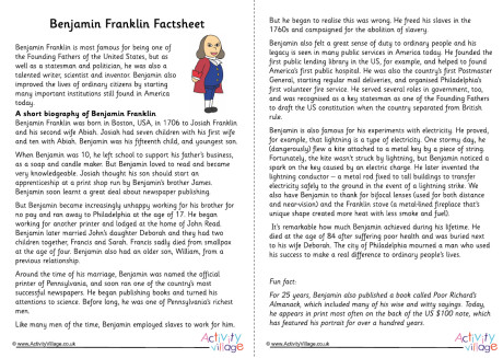 Benjamin Franklin Factsheet | Activity Village
