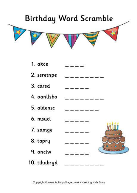 Birthday Word Scramble | Activity Village