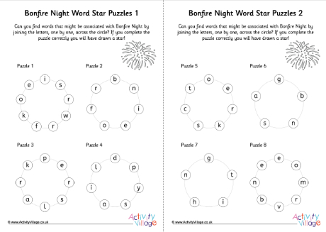 Bonfire Night Word Star Puzzles - 4 Per Page | Activity Village