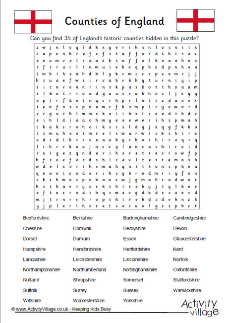 English Counties Word Search | Activity Village