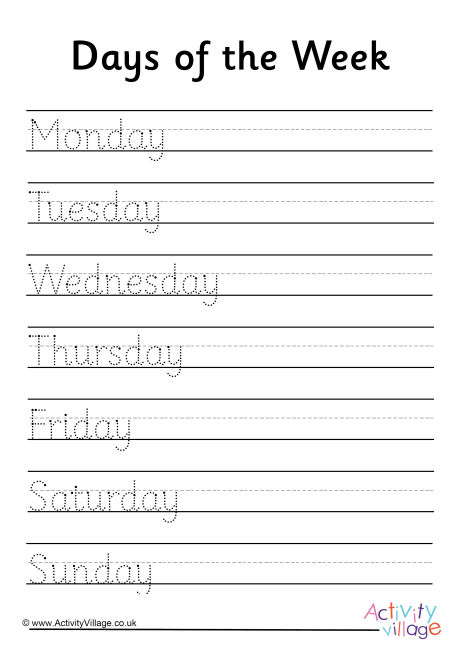 Days of the Week Handwriting Worksheets | Activity Village