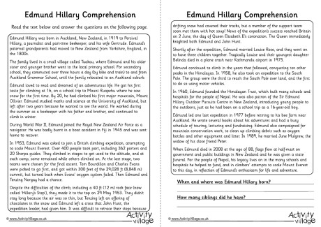 Edmund Hillary Comprehension | Activity Village