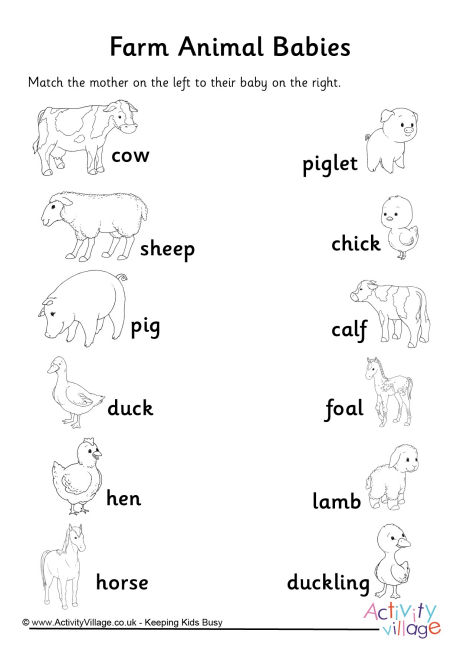 Farm Animal Babies Matchup Worksheet | Activity Village