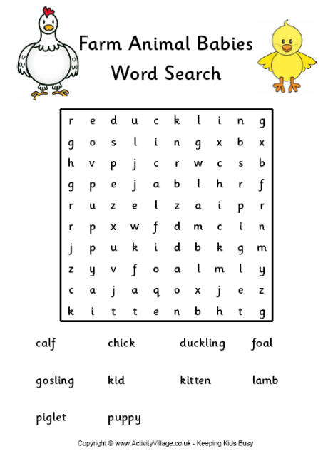 Farm Animal Babies Word Search | Activity Village