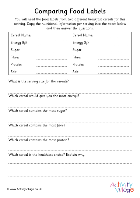 Food Label Comparison Worksheet | Activity Village