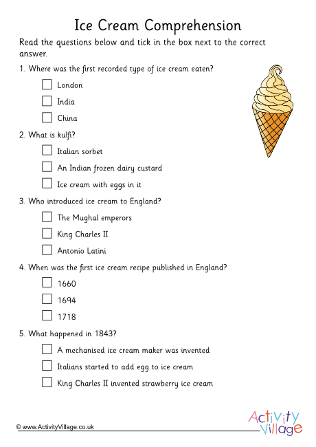 Ice Cream Comprehension Multiple Choice | Activity Village