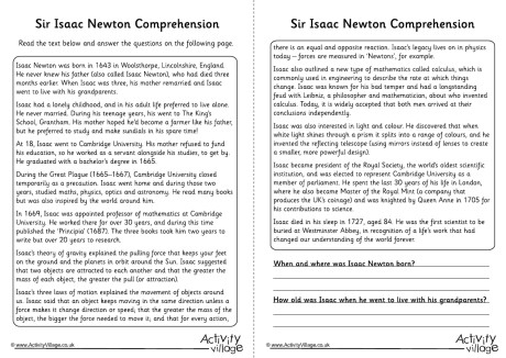 Isaac Newton Comprehension | Activity Village