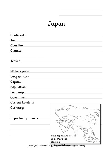 Japan Fact Worksheet | Activity Village