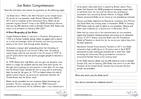 Joe Biden Comprehension | Activity Village