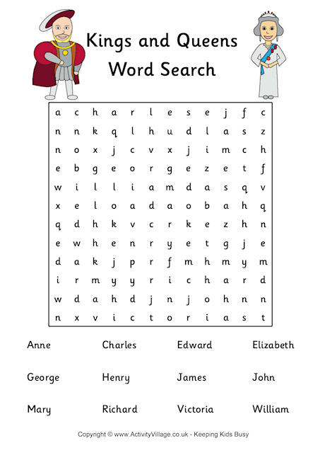 Kings and Queens Word Search | Activity Village