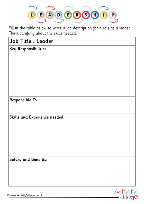 Leader Job Description Worksheet | Activity Village