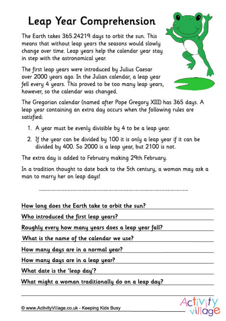 Leap Year Comprehension | Activity Village