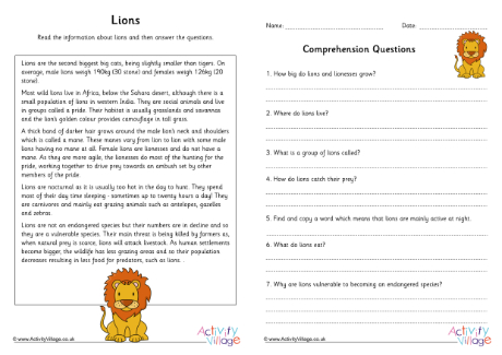 Lion Worksheets | Activity Village