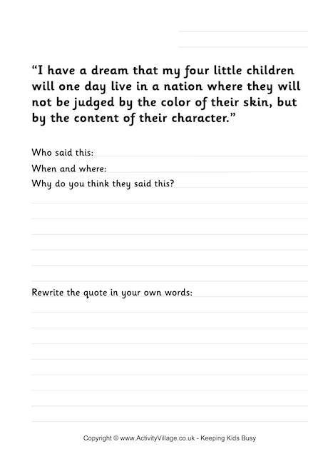 MLK I Have a Dream Worksheet | Activity Village
