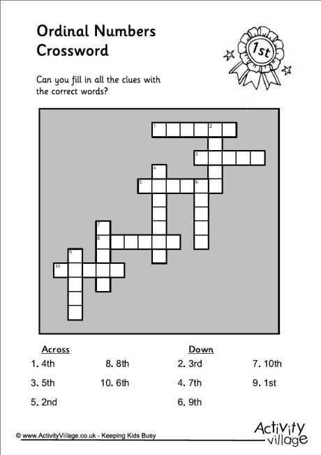 Ordinal Numbers Crossword | Activity Village