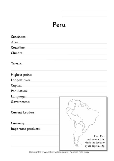 Peru Fact Worksheet | Activity Village