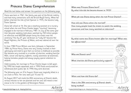 Princess Diana Comprehension | Activity Village