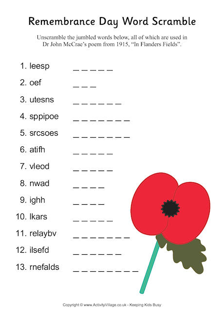 Remembrance Day Puzzles | Activity Village