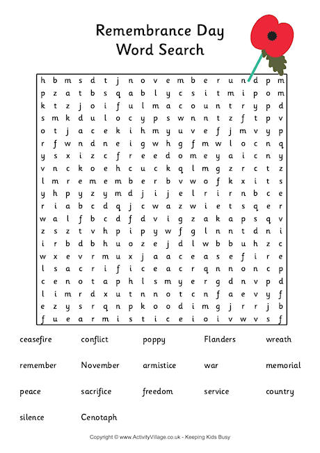 Remembrance Day Word Search | Activity Village