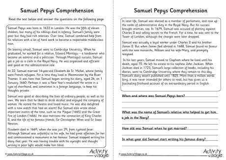Samuel Pepys Comprehension | Activity Village