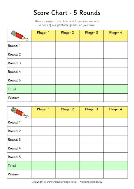 Printable Score Charts for Games