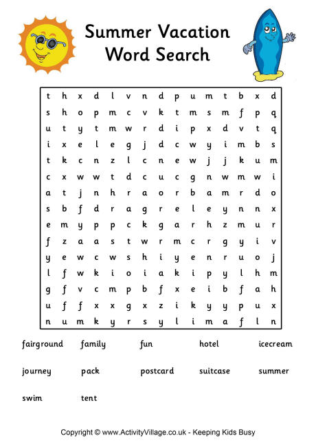 Summer Vacation Word Search - Difficult | Activity Village