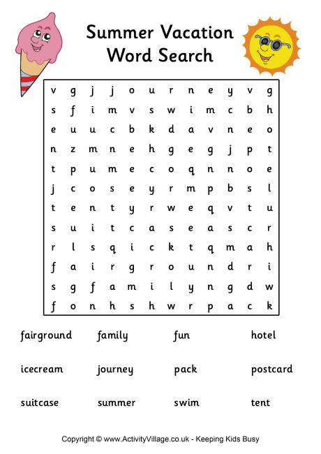 Summer Vacation Word Search - Medium | Activity Village