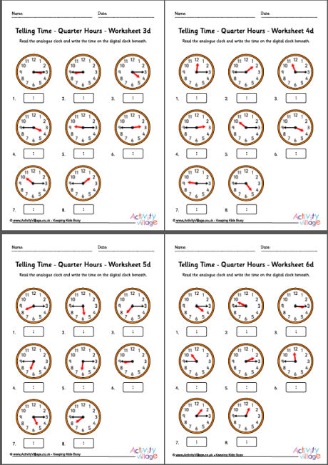 Telling Time Worksheets - Quarter Hours - Pack 4 | Activity Village