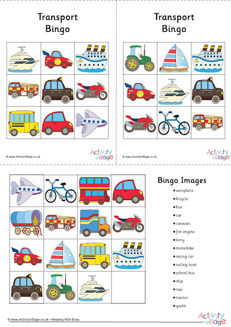 Transport Bingo Cards | Activity Village