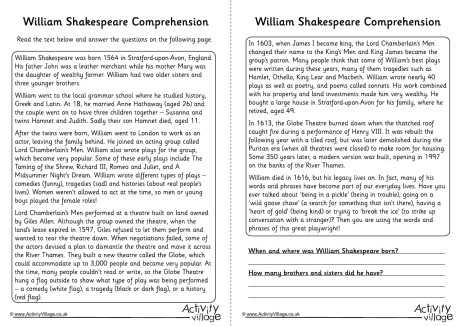 Fun Shakespeare Worksheets for Kids