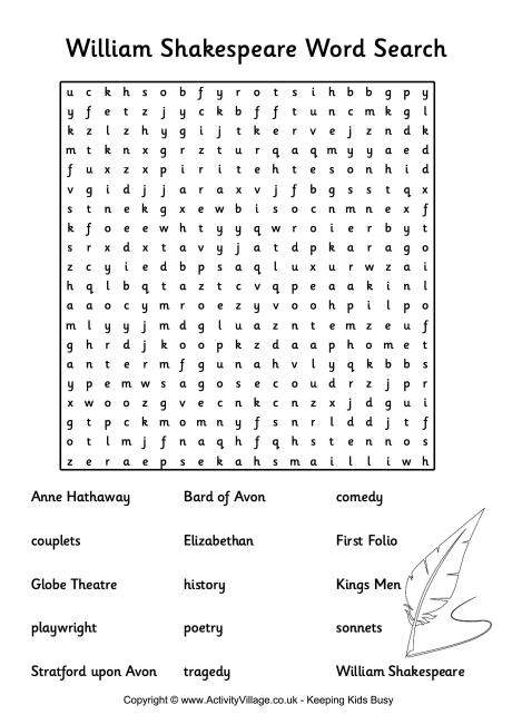 William Shakespeare Word Search | Activity Village